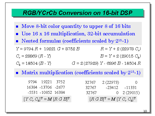 RGB/YCrCb Conversion on 16-bit DSP
